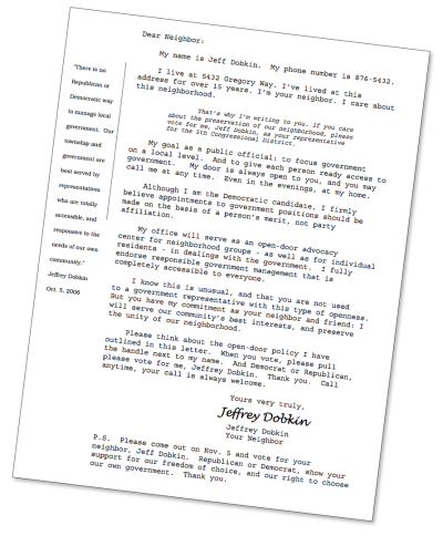Free Sample Political Letter - Jeffrey Dobkin